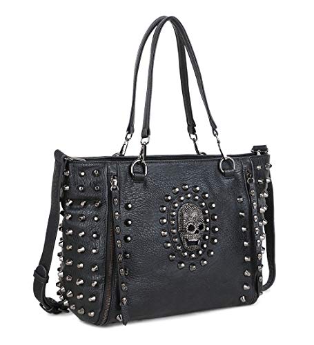 FiveloveTwo Skull Handbag Purse for Women Gothic Top-handle Shoulder Bag PU Leather Tote Satchel Black