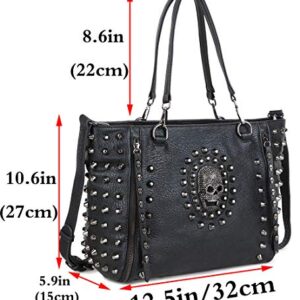 FiveloveTwo Skull Handbag Purse for Women Gothic Top-handle Shoulder Bag PU Leather Tote Satchel Black