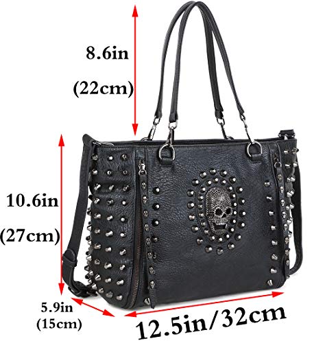 FiveloveTwo Skull Handbag Purse for Women Gothic Top-handle Shoulder Bag PU Leather Tote Satchel Black