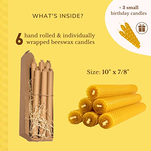 Greenfreshlab Handmade Beeswax Taper Candles - 6 Pack of 10 Inch Candles, Dripless, Smokeless & Soot-Free, 5-6 Hour Burn Time, Natural Honey Scent - Great Dinner Candles, 3 Birthday Candles Included