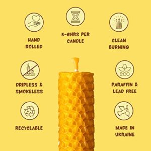 Greenfreshlab Handmade Beeswax Taper Candles - 6 Pack of 10 Inch Candles, Dripless, Smokeless & Soot-Free, 5-6 Hour Burn Time, Natural Honey Scent - Great Dinner Candles, 3 Birthday Candles Included