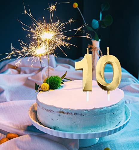 10th Birthday Candles,Gold Number 10 Cake Topper for Birthday Decorations Party Decoration