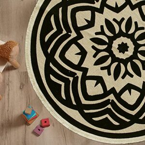 Chardin home Round Farmhouse Rug 3 feet Black & White Mandala | Recycled Cotton Hand Woven Rug, Circle Boho Rug | Perfect for Kitchens, Bathroom, bedrooms, Meditation Mat | Machine Wash