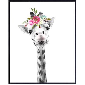 Baby Giraffe Wall Decor Print - Flower Crown Jungle Animals Wall Art Decoration for Girls Bedroom, Kids Room, Nursery - Cute Gift - Boho Shabby Chic Picture - 8x10 UNFRAMED Photo Poster