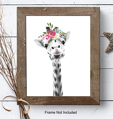 Baby Giraffe Wall Decor Print - Flower Crown Jungle Animals Wall Art Decoration for Girls Bedroom, Kids Room, Nursery - Cute Gift - Boho Shabby Chic Picture - 8x10 UNFRAMED Photo Poster