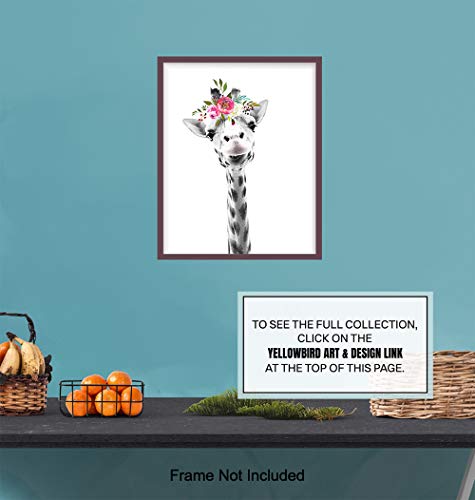 Baby Giraffe Wall Decor Print - Flower Crown Jungle Animals Wall Art Decoration for Girls Bedroom, Kids Room, Nursery - Cute Gift - Boho Shabby Chic Picture - 8x10 UNFRAMED Photo Poster