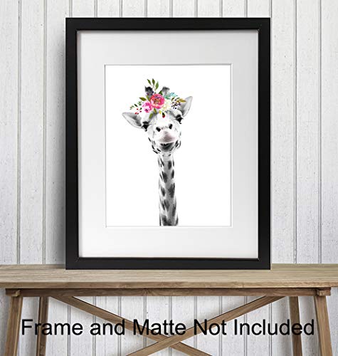 Baby Giraffe Wall Decor Print - Flower Crown Jungle Animals Wall Art Decoration for Girls Bedroom, Kids Room, Nursery - Cute Gift - Boho Shabby Chic Picture - 8x10 UNFRAMED Photo Poster