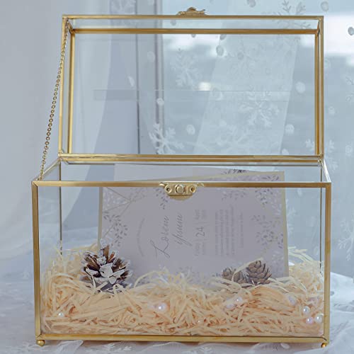 Jajamy Glass Wedding Card Box with Slot, Large Clear Card Box Gold Brass Gift Card Storage Box Perfect for Wedding Receptions, Baby Shower, Birthday Party, Bridal Shower Greeting Card Glass Organizer