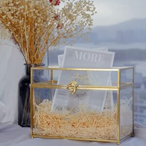 Jajamy Glass Wedding Card Box with Slot, Large Clear Card Box Gold Brass Gift Card Storage Box Perfect for Wedding Receptions, Baby Shower, Birthday Party, Bridal Shower Greeting Card Glass Organizer