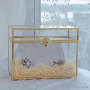 Jajamy Glass Wedding Card Box with Slot, Large Clear Card Box Gold Brass Gift Card Storage Box Perfect for Wedding Receptions, Baby Shower, Birthday Party, Bridal Shower Greeting Card Glass Organizer