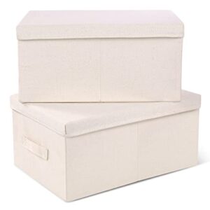 storage bin 2 pack, large storage bins with lids, vailando decorative storage boxes fabric cotton linen collapsible basket for bedroom closet shelves office nursery ( beige)