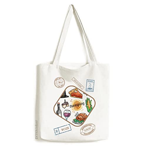 Happy Thanksgiving Day Watercolor Pattern Stamp Shopping Ecofriendly Storage Canvas Tote Bag