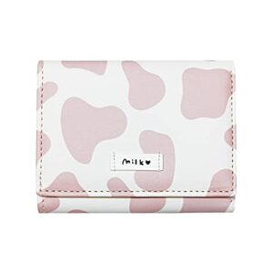 mozxirz women girls wallet cute cow print tri-fold wallet pu leather purse slim small short wallet cartoon trifold cash card holder bag (pink cow)