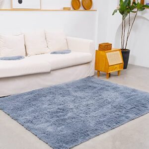 teochow dusty blue fluffy rug for bedroom, shaggy area rugs 5×7 for living room, plush shag rug for girls kids room nursery cute home decor, dorm large furry rug, ultra soft fuzzy indoor floor carpet