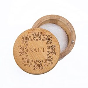 tensity salt box, bamboo storage box with magnetic swivel lid, bamboo seasonings box with mini spoon (celtic knot)