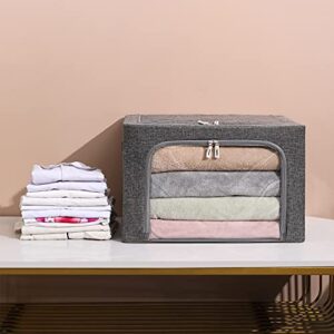 3Pack Foldable Storage Bins - Frame Storage Box Linen Fabric Stackable Clothes Container Organizer with Clear Window & Carry Handles Large Capacity (Large-66L, Dark Gray)