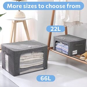 3Pack Foldable Storage Bins - Frame Storage Box Linen Fabric Stackable Clothes Container Organizer with Clear Window & Carry Handles Large Capacity (Large-66L, Dark Gray)