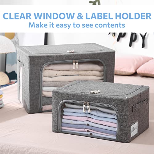 3Pack Foldable Storage Bins - Frame Storage Box Linen Fabric Stackable Clothes Container Organizer with Clear Window & Carry Handles Large Capacity (Large-66L, Dark Gray)