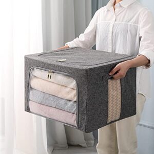 3Pack Foldable Storage Bins - Frame Storage Box Linen Fabric Stackable Clothes Container Organizer with Clear Window & Carry Handles Large Capacity (Large-66L, Dark Gray)