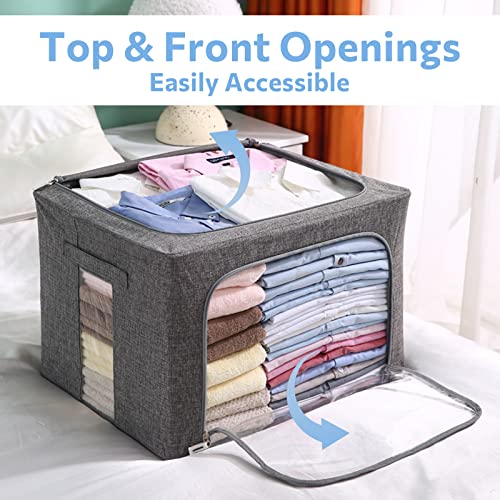 3Pack Foldable Storage Bins - Frame Storage Box Linen Fabric Stackable Clothes Container Organizer with Clear Window & Carry Handles Large Capacity (Large-66L, Dark Gray)