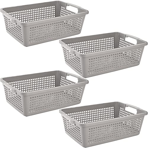 Hedume 4 Pack Plastic Storage Baskets with Handle, 15”x9.8”x4.7” Pantry Storage Bins, Closet Baskets, Large Organization Basket for Nursery, School, Office