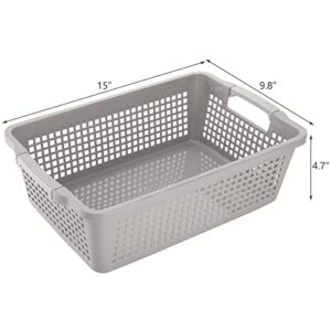 Hedume 4 Pack Plastic Storage Baskets with Handle, 15”x9.8”x4.7” Pantry Storage Bins, Closet Baskets, Large Organization Basket for Nursery, School, Office