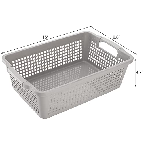 Hedume 4 Pack Plastic Storage Baskets with Handle, 15”x9.8”x4.7” Pantry Storage Bins, Closet Baskets, Large Organization Basket for Nursery, School, Office