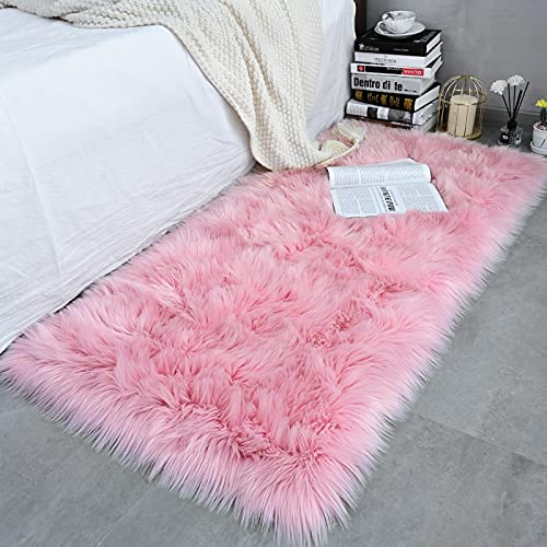 ISEAU Soft Faux Fur Fluffy Area Rug, Luxury Fuzzy Sheepskin Carpet Rugs for Bedroom Living Room, Shaggy Silky Plush Carpet Bedside Rug Floor Mat, 2ft x 4ft, Pink