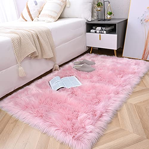 ISEAU Soft Faux Fur Fluffy Area Rug, Luxury Fuzzy Sheepskin Carpet Rugs for Bedroom Living Room, Shaggy Silky Plush Carpet Bedside Rug Floor Mat, 2ft x 4ft, Pink