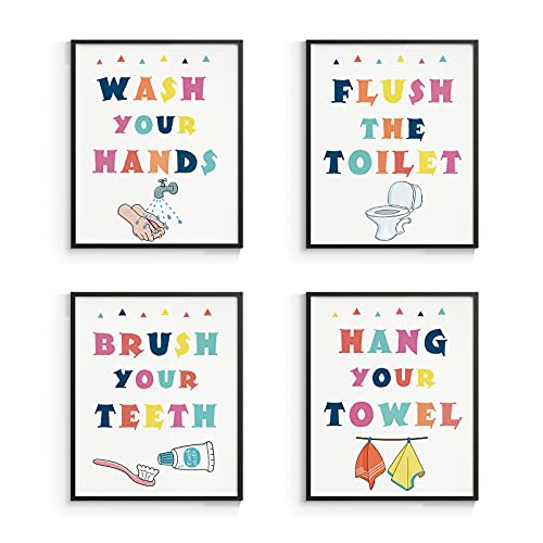 InSimSea Funny Bathroom Signs Prints, Bathroom Quotes and Sayings Art Prints, Kids Bathroom Wall Decor, set of 4, 8x10 inch, Unframed