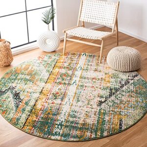 safavieh madison collection 6’7″ round green / orange mad422y boho chic tribal distressed non-shedding dining room entryway foyer living room bedroom area rug