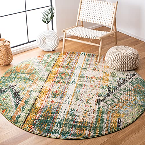 SAFAVIEH Madison Collection 6'7" Round Green / Orange MAD422Y Boho Chic Tribal Distressed Non-Shedding Dining Room Entryway Foyer Living Room Bedroom Area Rug