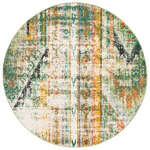 SAFAVIEH Madison Collection 6'7" Round Green / Orange MAD422Y Boho Chic Tribal Distressed Non-Shedding Dining Room Entryway Foyer Living Room Bedroom Area Rug