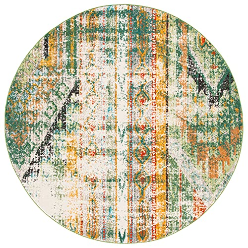 SAFAVIEH Madison Collection 6'7" Round Green / Orange MAD422Y Boho Chic Tribal Distressed Non-Shedding Dining Room Entryway Foyer Living Room Bedroom Area Rug