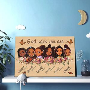 African American Wall Art Black Girl Canvas Wall Art Decor Little Black Girls God Says You Are Canvas Print Pictures Black Kid Art Wall Decor For Living Room Bedroom Bathroom Ready To Hang 12x18 Inch