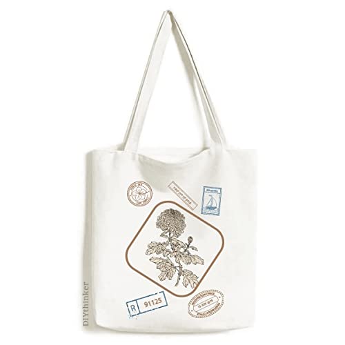 Flower Black White Chrysanthemum Stamp Shopping Ecofriendly Storage Canvas Tote Bag