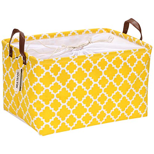 Sea Team Moroccan Lattice Pattern Canvas Fabric Storage Basket Collapsible Geometric Design Storage Bin with Drawstring Cover and PU Leather Handles, 16.5 by 11.8 inches, Waterproof Inner, Yellow