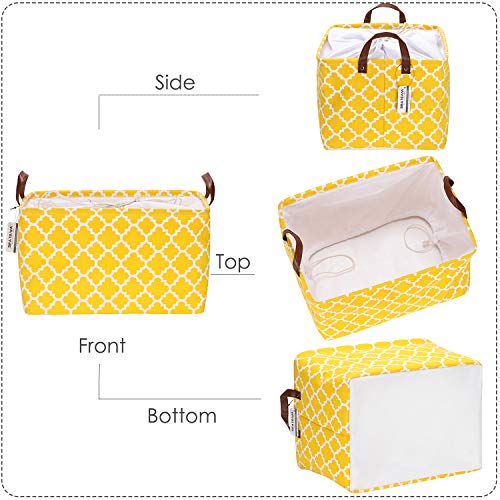 Sea Team Moroccan Lattice Pattern Canvas Fabric Storage Basket Collapsible Geometric Design Storage Bin with Drawstring Cover and PU Leather Handles, 16.5 by 11.8 inches, Waterproof Inner, Yellow