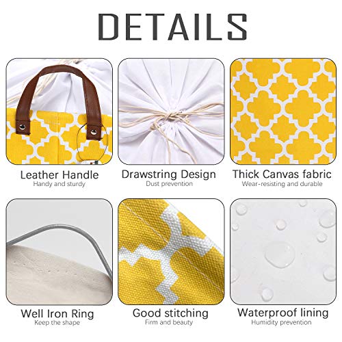 Sea Team Moroccan Lattice Pattern Canvas Fabric Storage Basket Collapsible Geometric Design Storage Bin with Drawstring Cover and PU Leather Handles, 16.5 by 11.8 inches, Waterproof Inner, Yellow