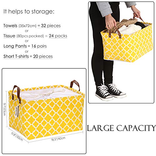 Sea Team Moroccan Lattice Pattern Canvas Fabric Storage Basket Collapsible Geometric Design Storage Bin with Drawstring Cover and PU Leather Handles, 16.5 by 11.8 inches, Waterproof Inner, Yellow