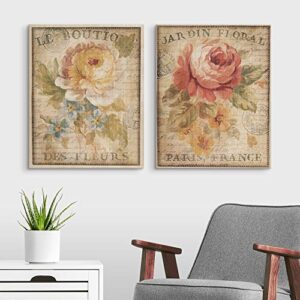 2 piece parisian flowers canvas wall art print set, floral home decor