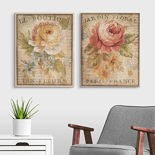 2 Piece Parisian Flowers Canvas Wall Art Print Set, Floral Home Decor