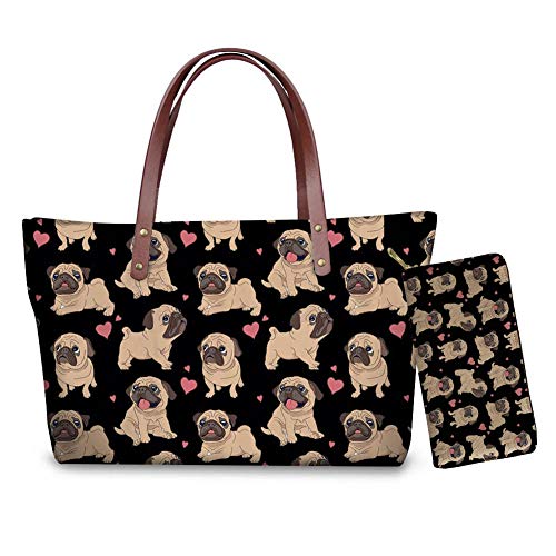 Xhuibop Pug Shopper Handbags for Women Purse and Wallet Set for Teens Girls Leather Wallet Top Handle Shoulder Bags Large Capacity Tote Bag