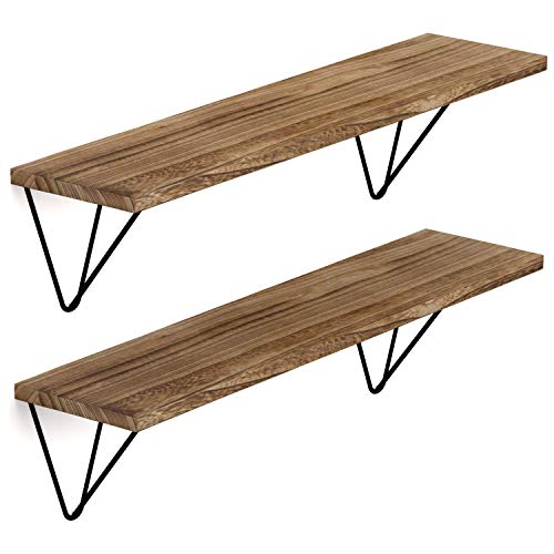 Wallniture Colmar Floating Shelves for Wall, 24" Geometric Triangle Shelf Set of 2 for Living Room Decor Burned Storage Shelves with Black Shelf Brackets