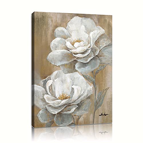 Yidepot Floral Canvas Wall Art Peony Flower Picture Abstract White and Gold Painting Giclee Print Artwork Home Decor for Bedroom Bathroom Ready to Hang 12"x 16"x 1 Panel