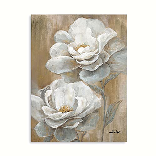 Yidepot Floral Canvas Wall Art Peony Flower Picture Abstract White and Gold Painting Giclee Print Artwork Home Decor for Bedroom Bathroom Ready to Hang 12"x 16"x 1 Panel