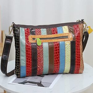 Segater Women Random Multicolor Shoulder Bag Genuine Leather Handbag Splicing Satchel Leaf Patchwork Colorful Crossbody Purses