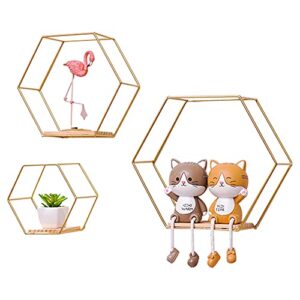 morobor wall mounted floating hexagon shelves,3pcs different sizes metal framed gold shelves with wooden floor for wall storage & display in modern chic style