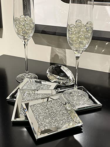 Glass Coasters for Drinks, Set of 4, Diamond Decor, Silver Crystal Coaster, Mirrored Elegant, Fancy, Glam, for Home Kitchen Table Bar Accessories, Square (4" x 4")