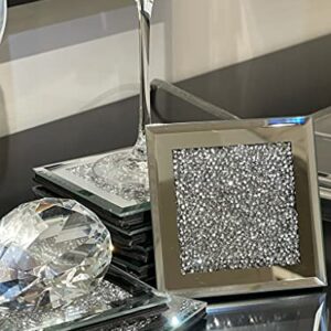 Glass Coasters for Drinks, Set of 4, Diamond Decor, Silver Crystal Coaster, Mirrored Elegant, Fancy, Glam, for Home Kitchen Table Bar Accessories, Square (4" x 4")